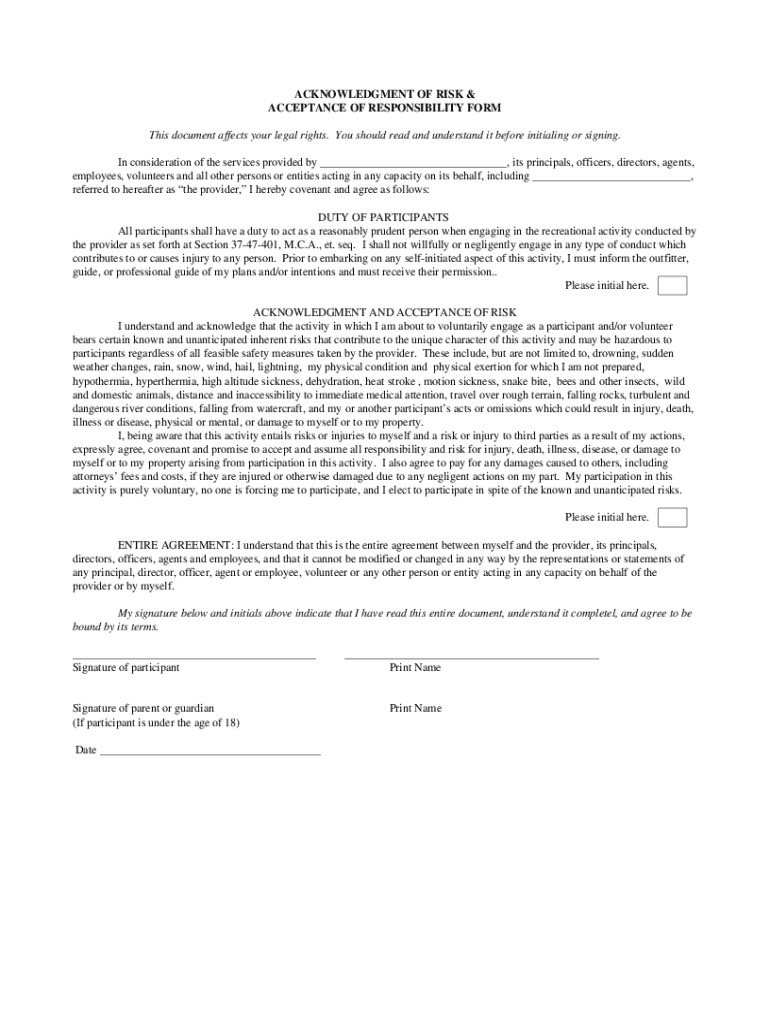Fillable Online ACKNOWLEDGMENT OF RISK & ACCEPTANCE OF RESPONSIBILITY ...