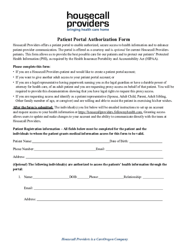 Fillable Online Patient Portal Authorization Form - Housecall Providers ...