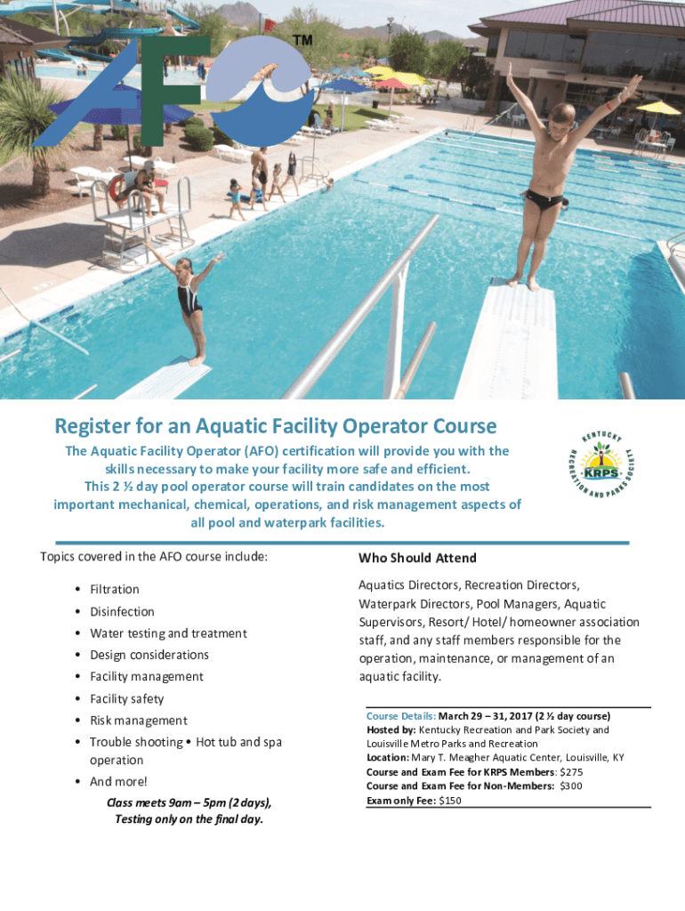 Fillable Online Register for an Aquatic Facility Operator Course Fax ...
