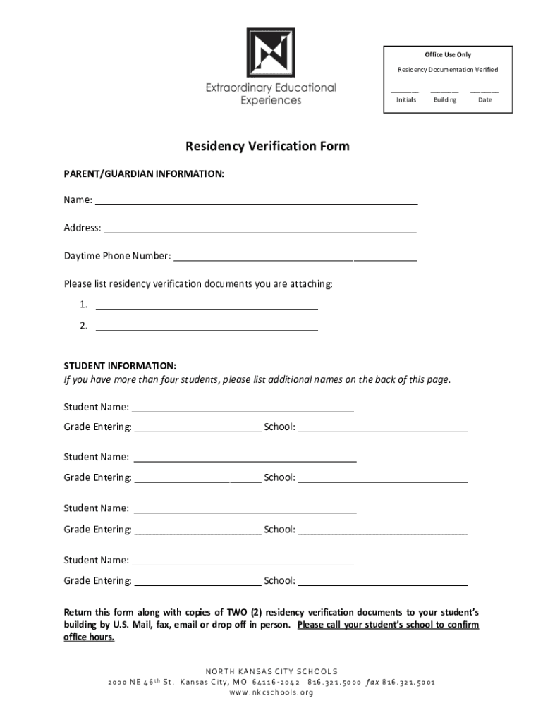 Fillable Online Residency Verification Form - North Kansas City Schools ...