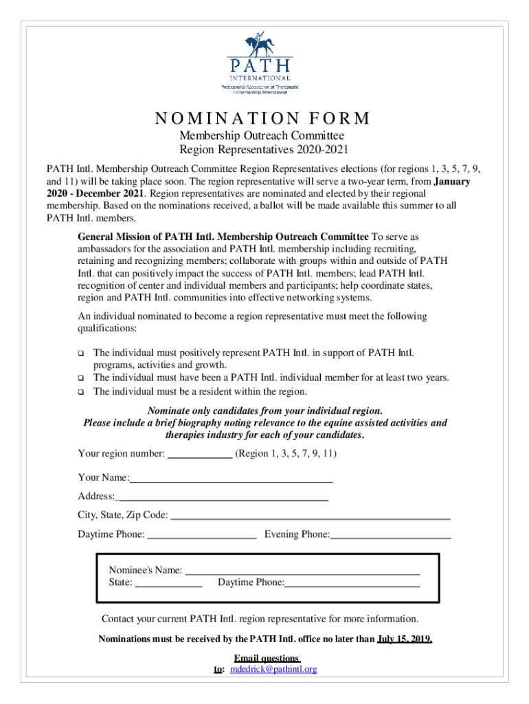Fillable Online PATH Intl. Region Nomination Form 2020-2021 Fax Email ...