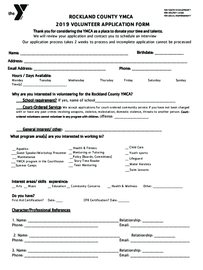Fillable Online ROCKLAND COUNTY YMCA VOLUNTEER APPLICATION FORM Fax ...