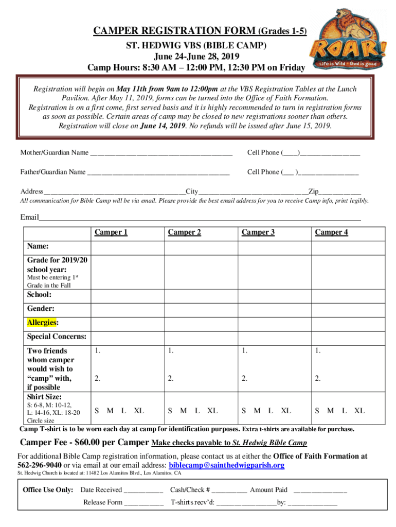 Fillable Online CAMPER REGISTRATION FORM (Grades 1-5) Fax Email Print ...