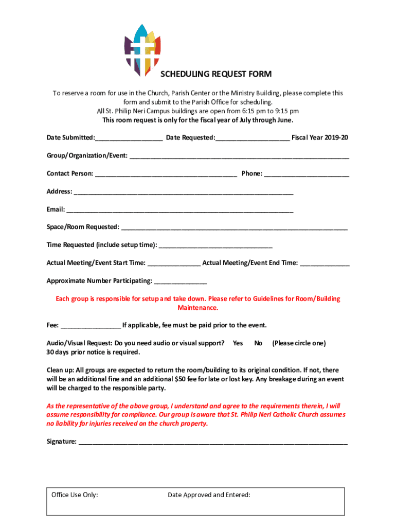 Fillable Online SCHEDULING REQUEST FORM - St. Philip Neri Catholic ...