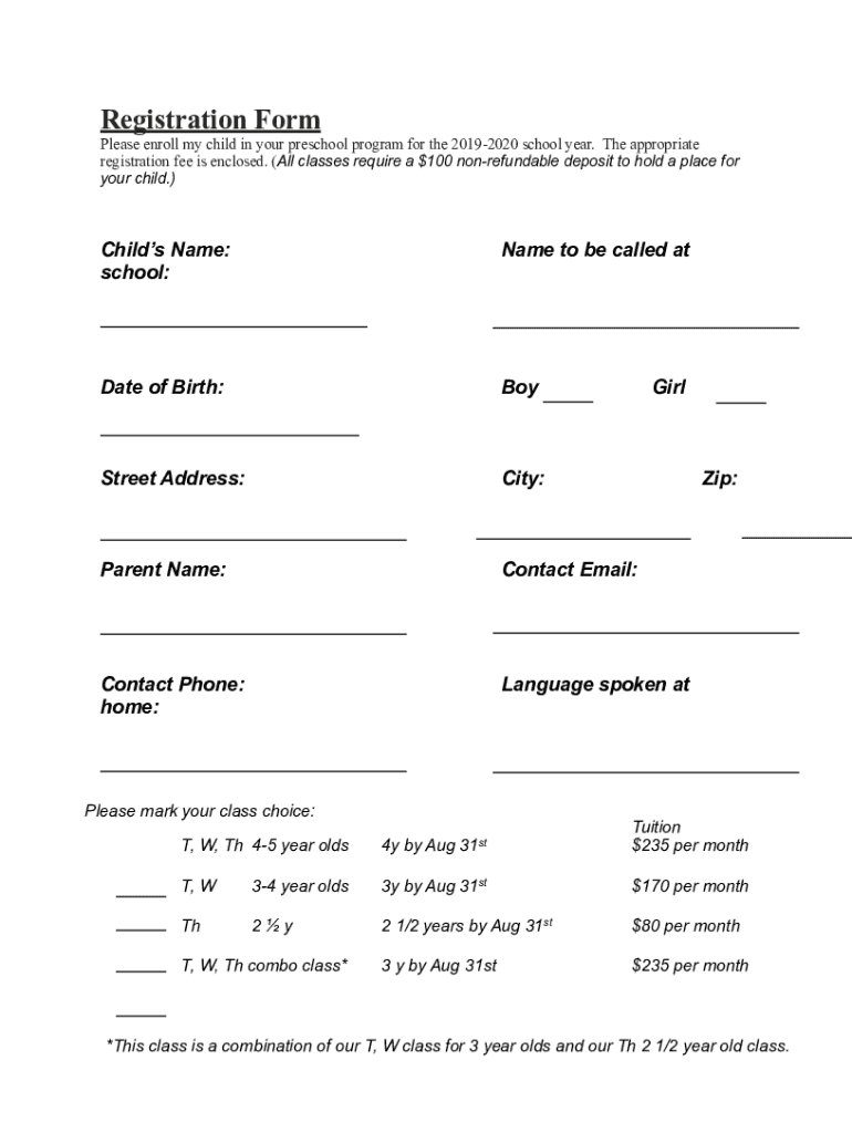 Fillable Online PRESCHOOL - KINDERGARTEN STUDENT REGISTRATION FORM I ...