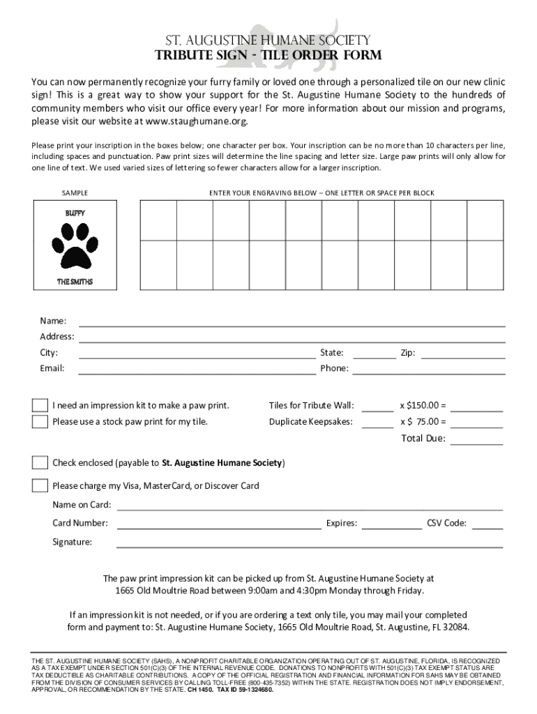Fillable Online St. Augustine Humane SocietyTribute Tile Sign Order ...