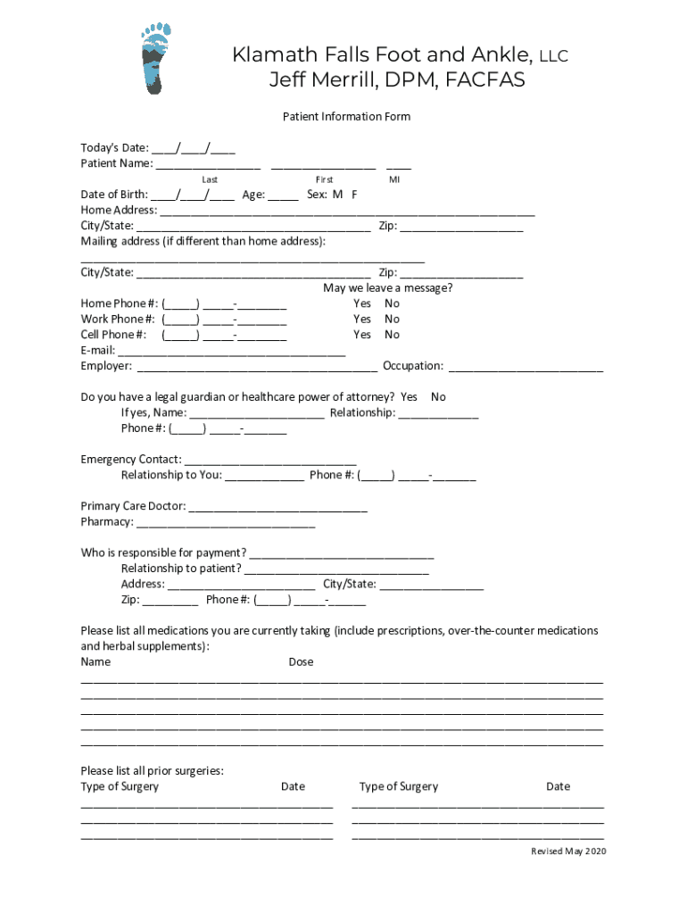 Fillable Online K lamath Falls Foot and Ankle, L LC Jeff Merrill, DPM ...