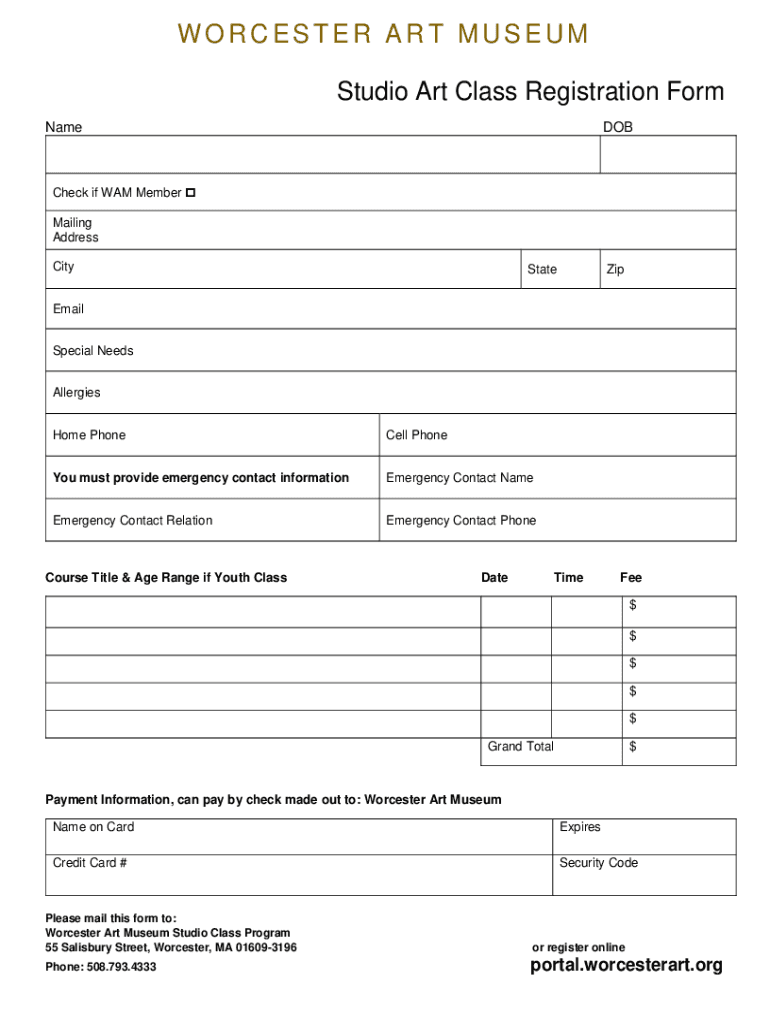 Fillable Online WORCESTER ART MUSEUM Studio Art Class Registration Form ...