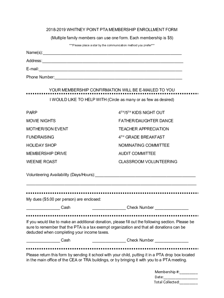 Fillable Online WHITNEY POINT PTA MEMBERSHIP ENROLLMENT FORM ...