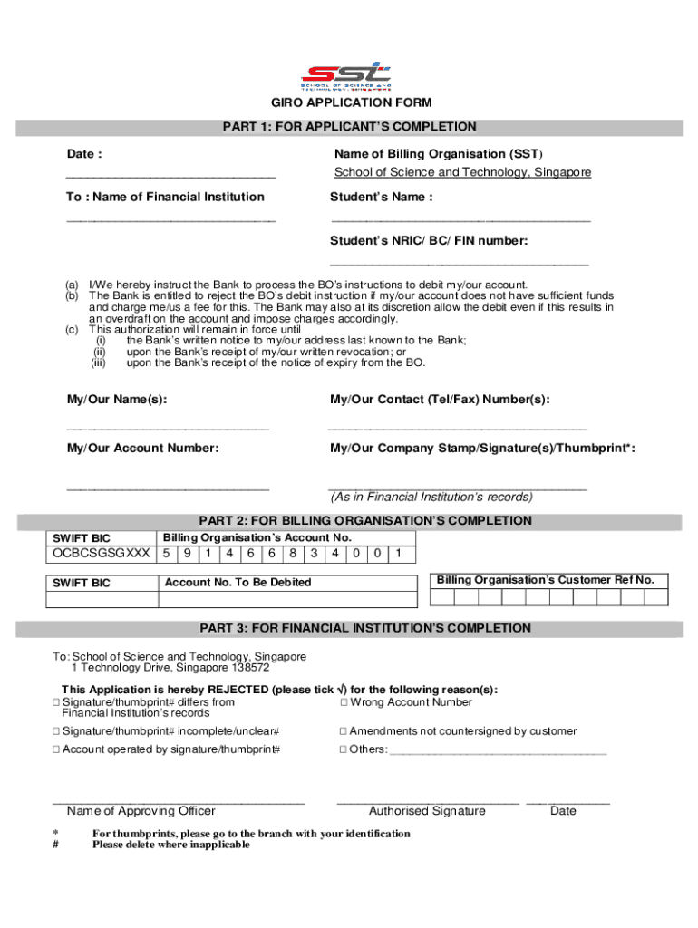 Fillable Online GIRO APPLICATION FORM PART 1: FOR APPLICANTS COMPLETION ...