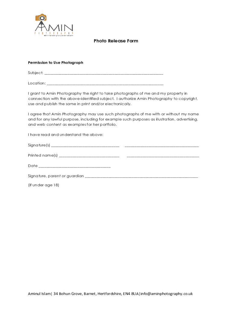 Fillable Online Free Photo Release Forms - Word PDF eFormsPhoto Release ...