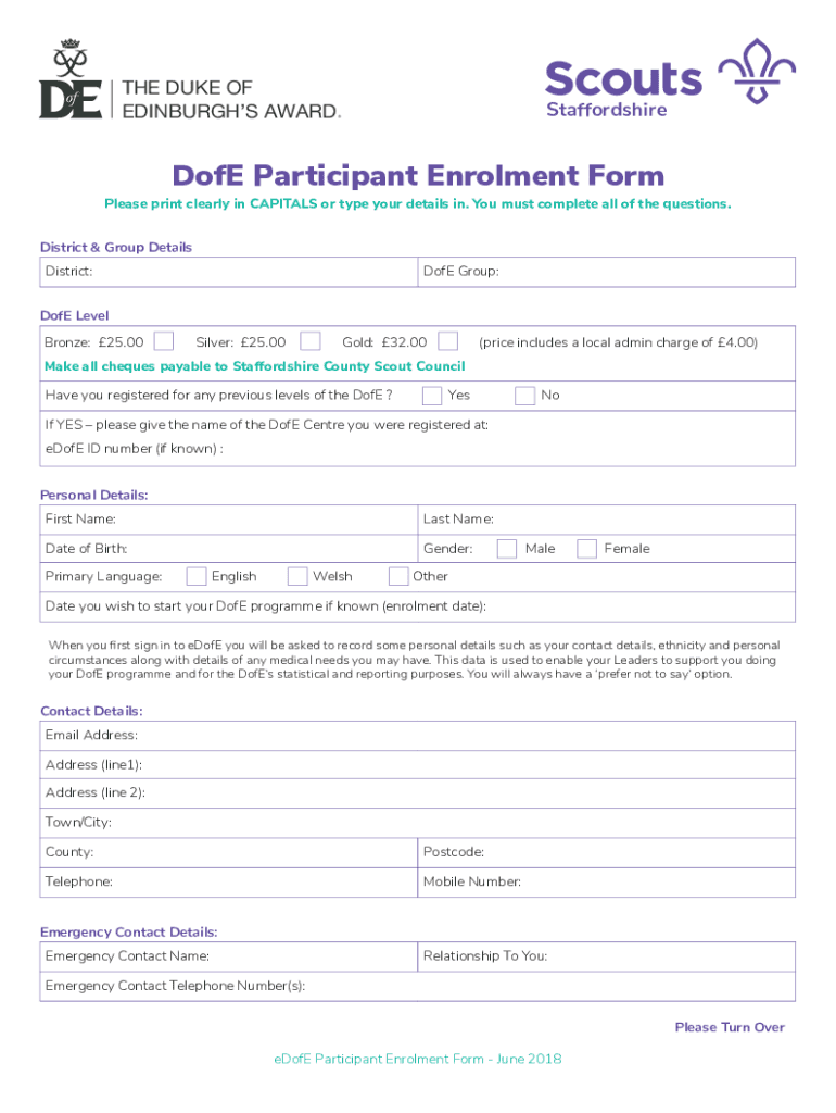 DofE Participant Enrolment Form - Blank Fillable Template | Fill Out ...