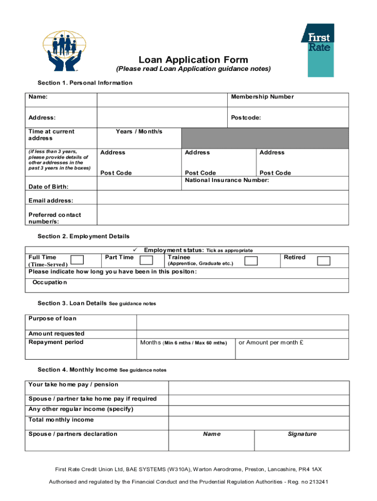 Fillable Online First Rate Credit Union Ltd. Loan Application Form Fax ...