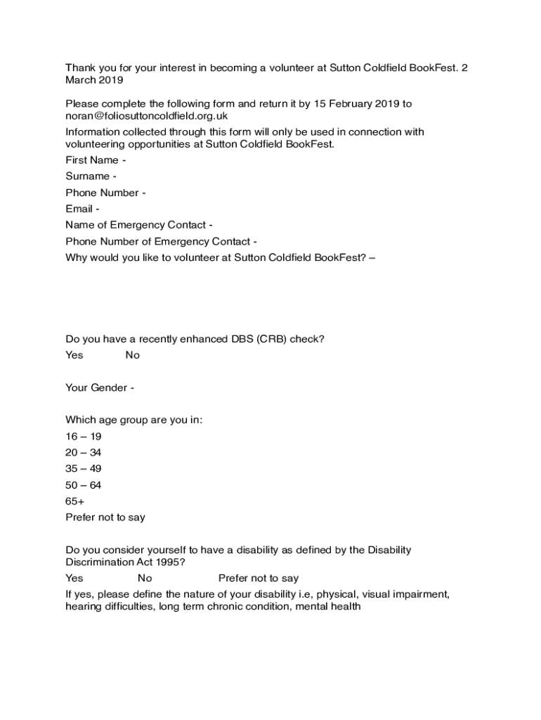 Fillable Online Sutton Coldfield BookFest Vounteer Form Fax Email Print - pdfFiller