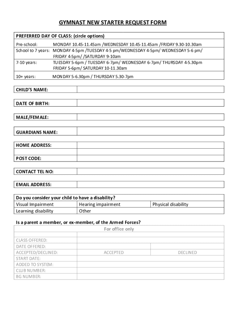 Fillable Online GYMNAST NEW STARTER REQUEST FORM Fax Email Print ...