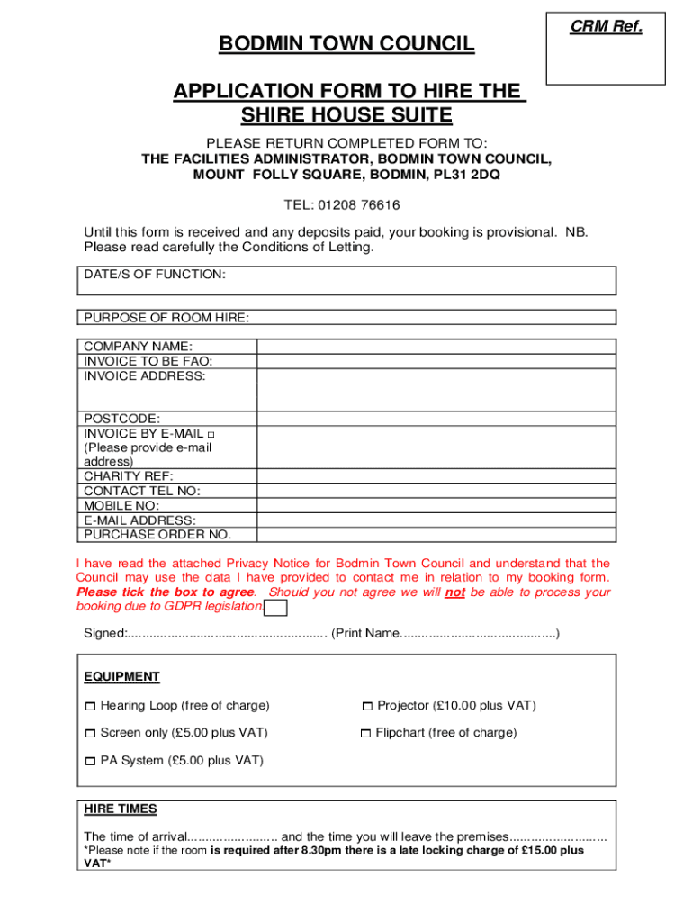 Fillable Online bodmin gov Application Form - Shire House Suite GDPR ...
