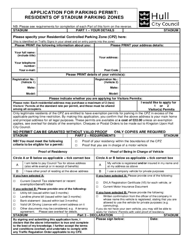 Fillable Online Application for residents Parking Permit. Application ...