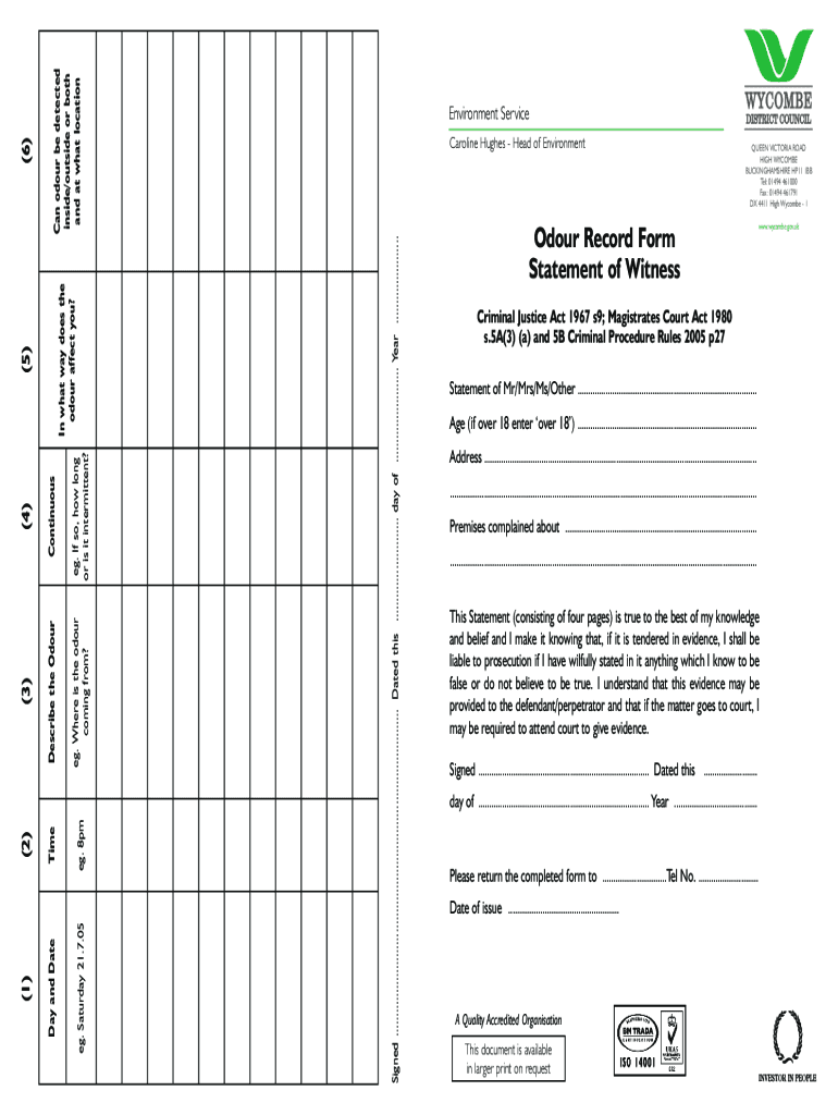 Fillable Online 16836-Odour Record Form Fax Email Print - pdfFiller