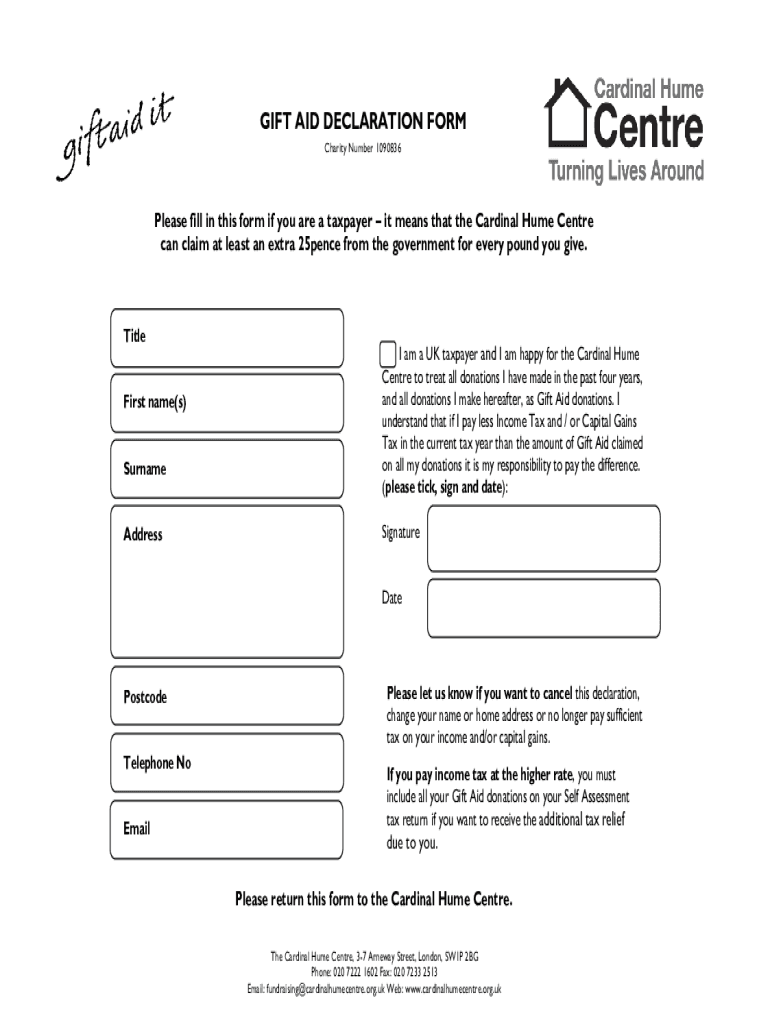 Fillable Online GIFT AID DECLARATION FORM - cardinalhumecentre.org.uk ...