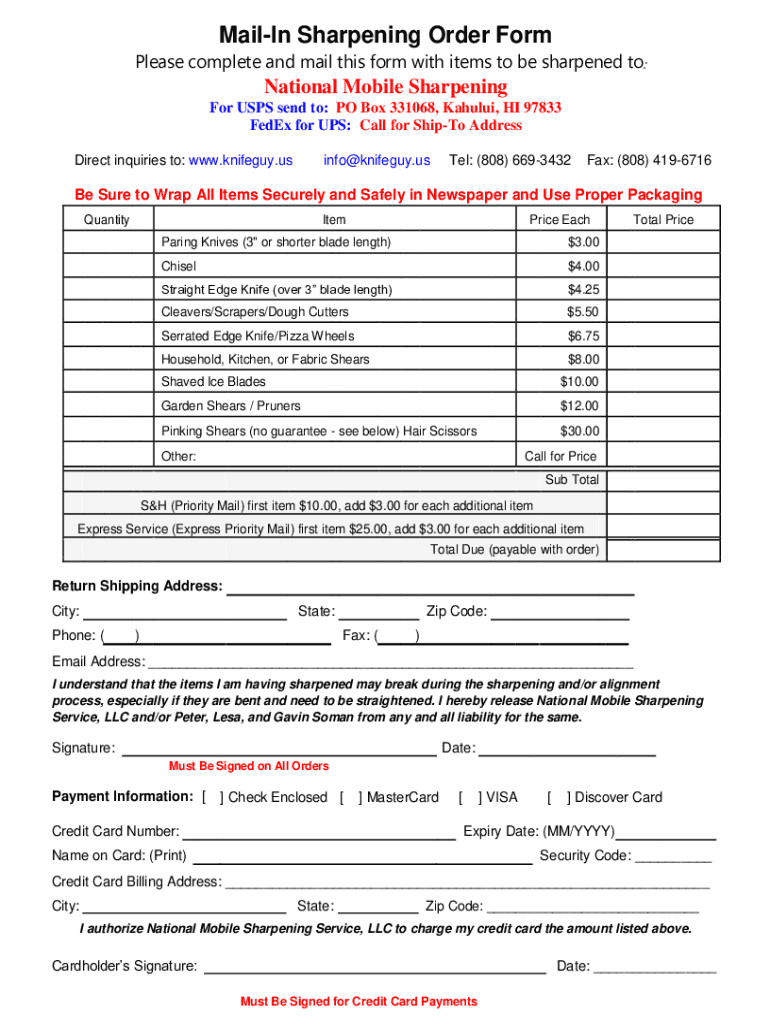 Fillable Online Mail-In Sharpening Order Form Fax Email Print - pdfFiller
