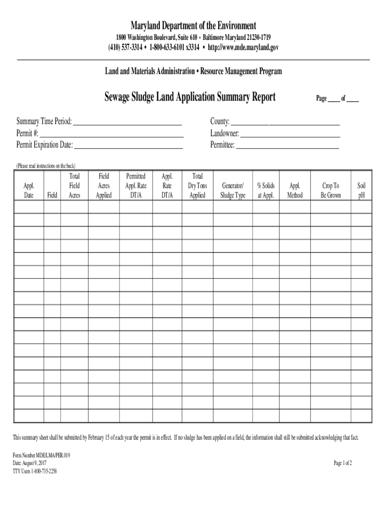 Fillable Online mde state md Sewage Sludge Land Application Summary ...