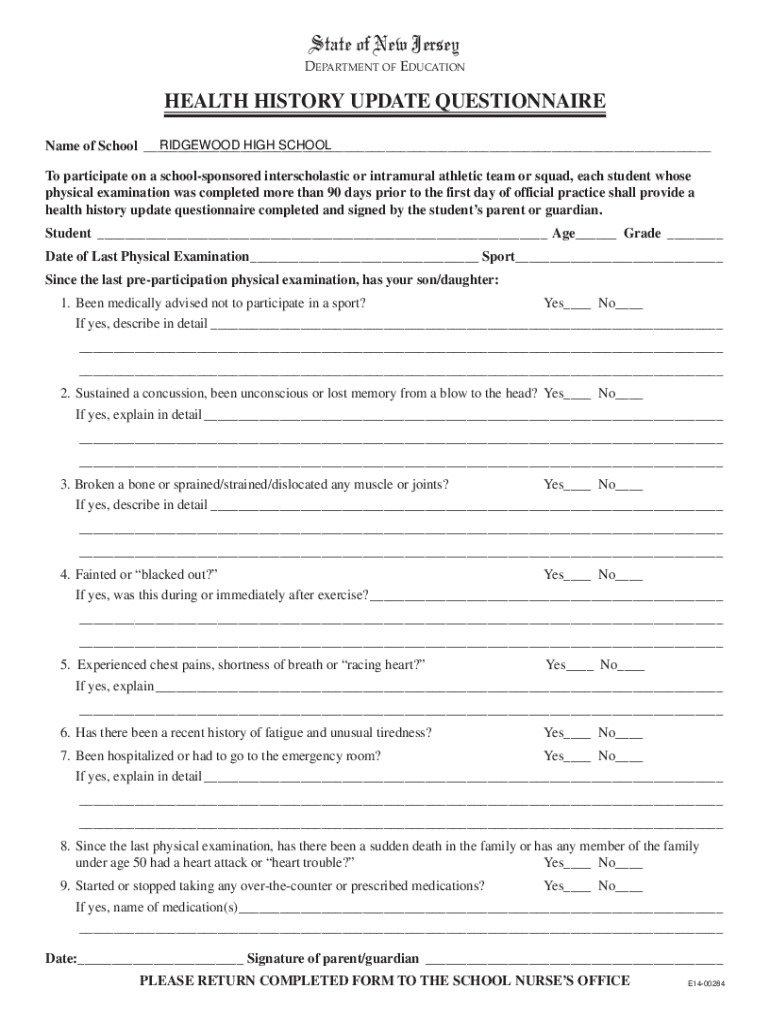 Fillable Online health history update questionnaire completed and ...