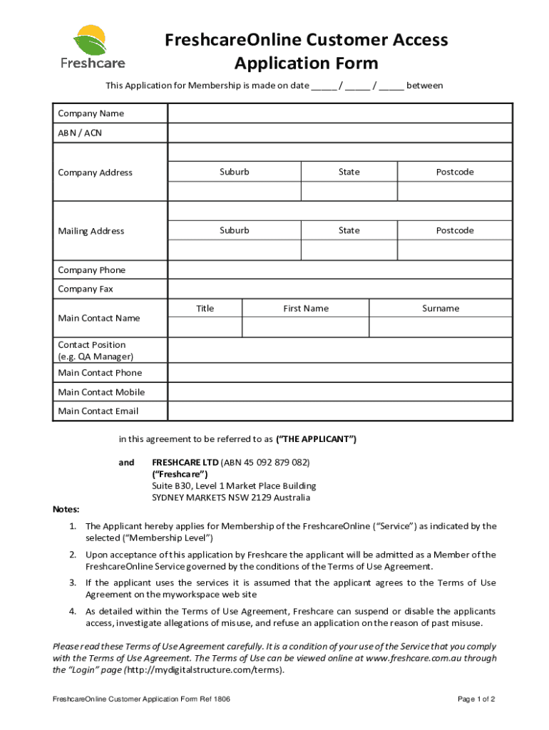 Fillable Online FreshcareOnline Customer Access Application Form Fax ...