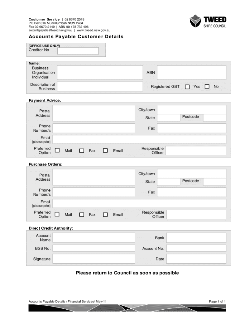 Fillable Online Accounts Payable Customer Details. Accounts Payable ...