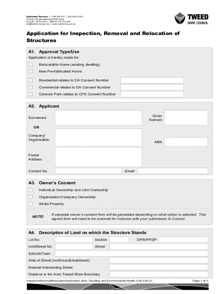 Fillable Online Application for Inspection, Removal and Relocation of ...