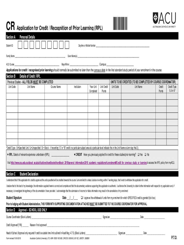Fillable Online Application for Recognition of Prior Learning (RPL ...