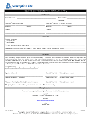 Fillable Online Request for Cancellation of a Personal Life Insurance ...