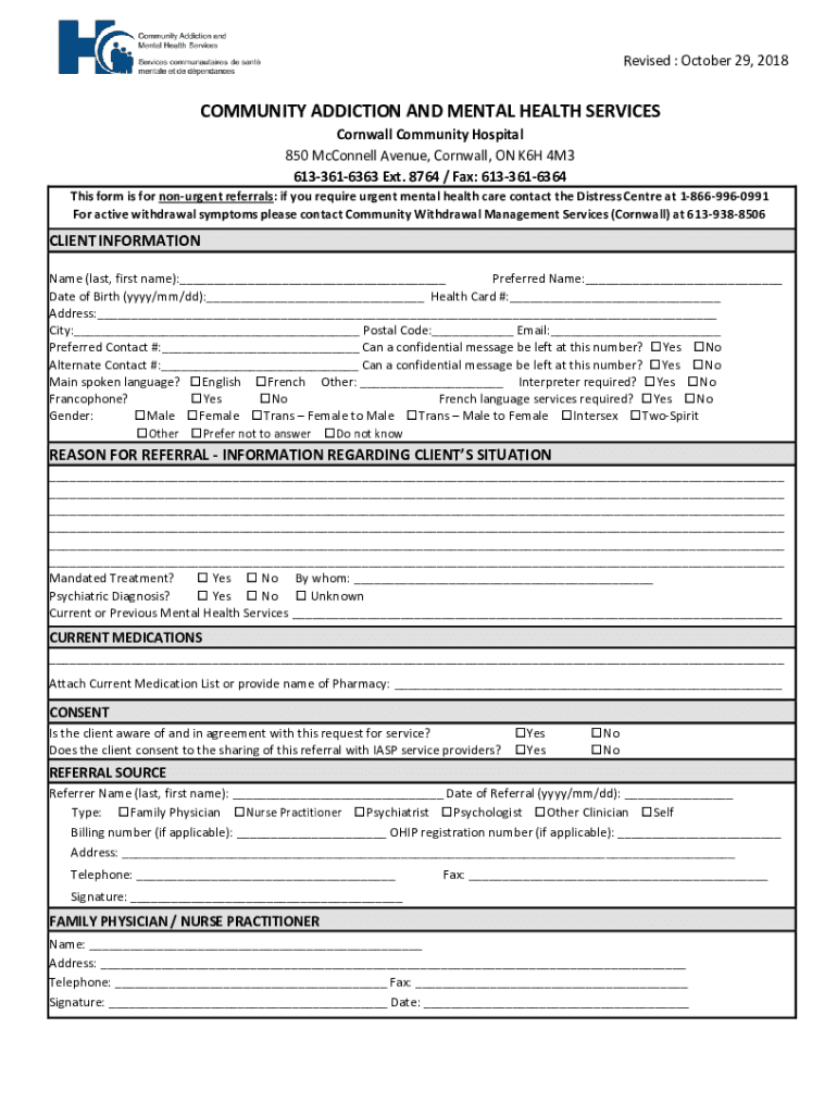 Fillable Online COMMUNITY ADDICTION AND MENTAL HEALTH SERVICES Fax ...