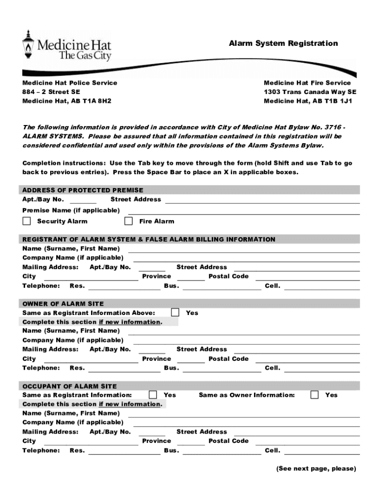 Fillable Online Alarm System Registration - Medicine Hat Police Service ...