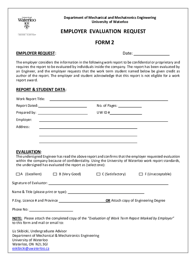 Fillable Online EMPLOYER EVALUATION REQUEST FORM 2 - University of ...
