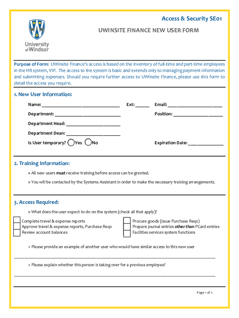Fillable Online Access & Security SE01 UWINSITE FINANCE NEW USER FORM ...