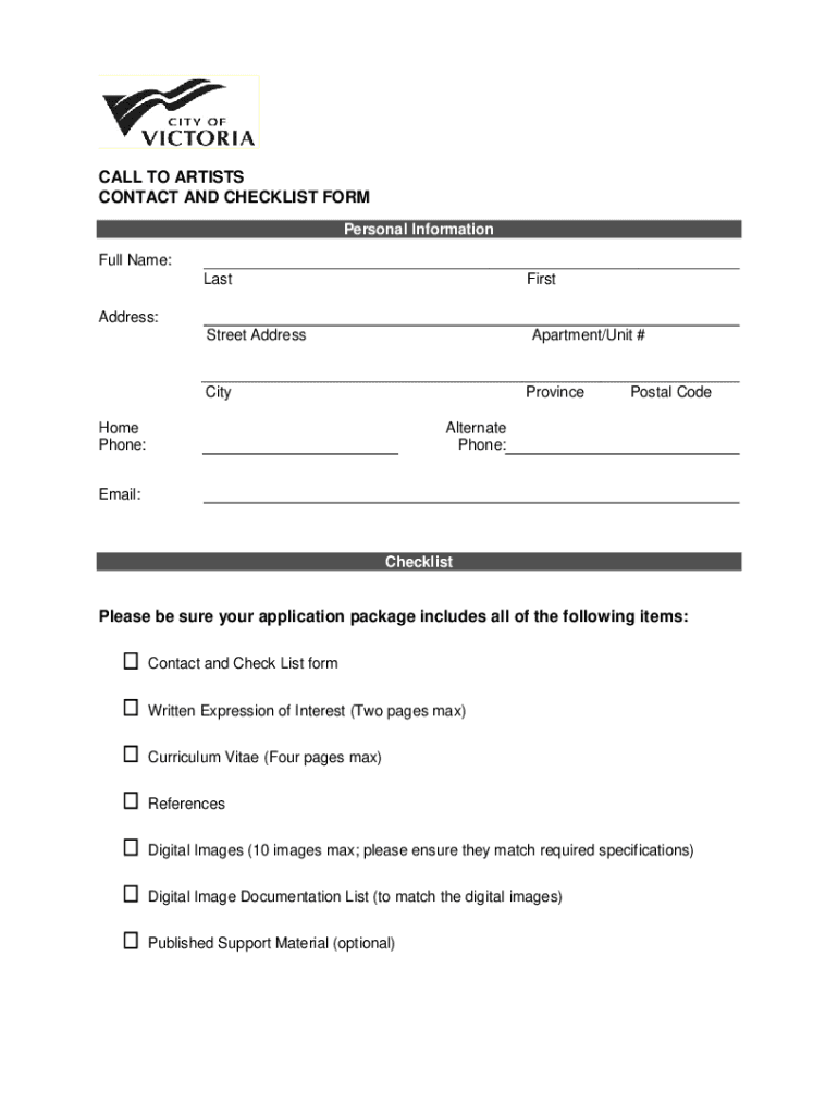 Fillable Online CALL TO ARTISTS CONTACT AND CHECKLIST FORM Fax Email ...