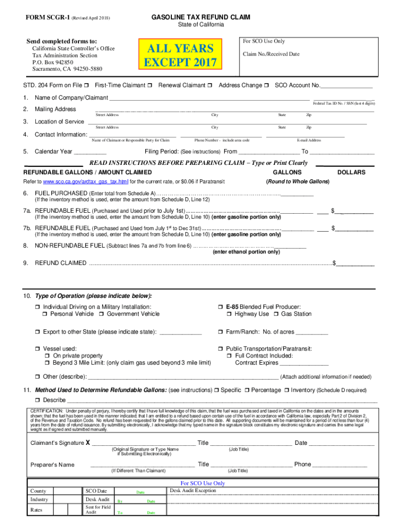 Fillable Online sco ca Gas Tax Refund Claim Form - California State ...