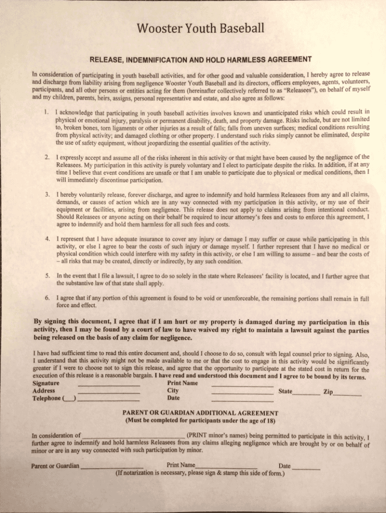 Fillable Online LIABILITY WAIVER - RELEASE, INDEMNIFICATION, AND HOLD ... Fax Email Print ...