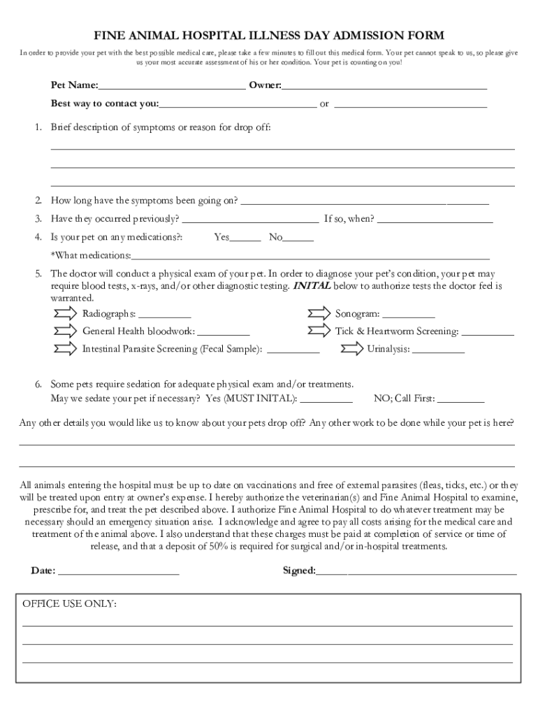 Fillable Online Veterinary Surgical Admission Form :: Generated By ...