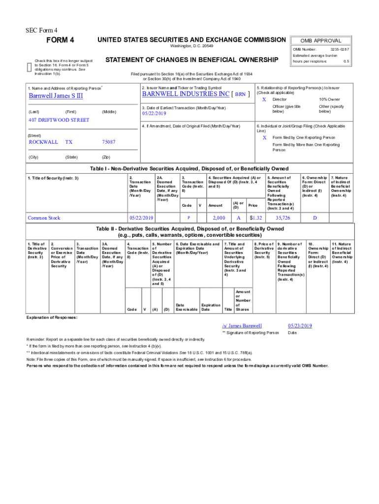 Fillable Online SEC Form 3 FORM 3 UNITED STATES SECURITIES ... - brninc ...