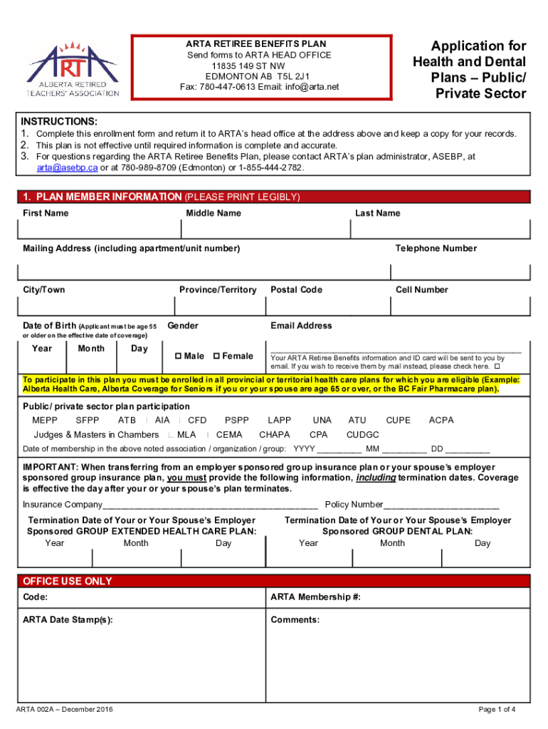 Fillable Online ARTA RETIREE BENEFITS PLAN A plication for Send forms ...