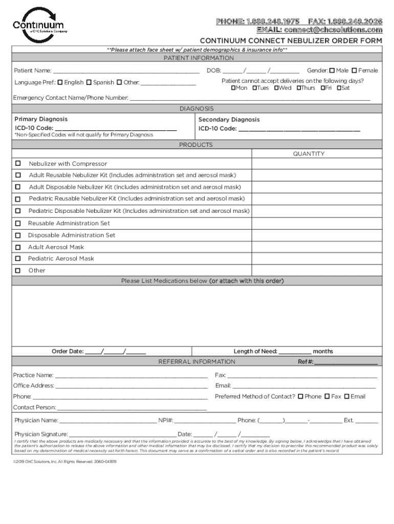 Fillable Online Fillable Online CONTINUUM CONNECT NEBULIZER ORDER FORM ...