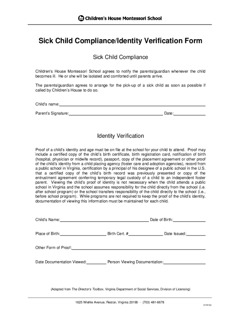 Fillable Online Sick Child Compliance Identity Verification Form.doc ...