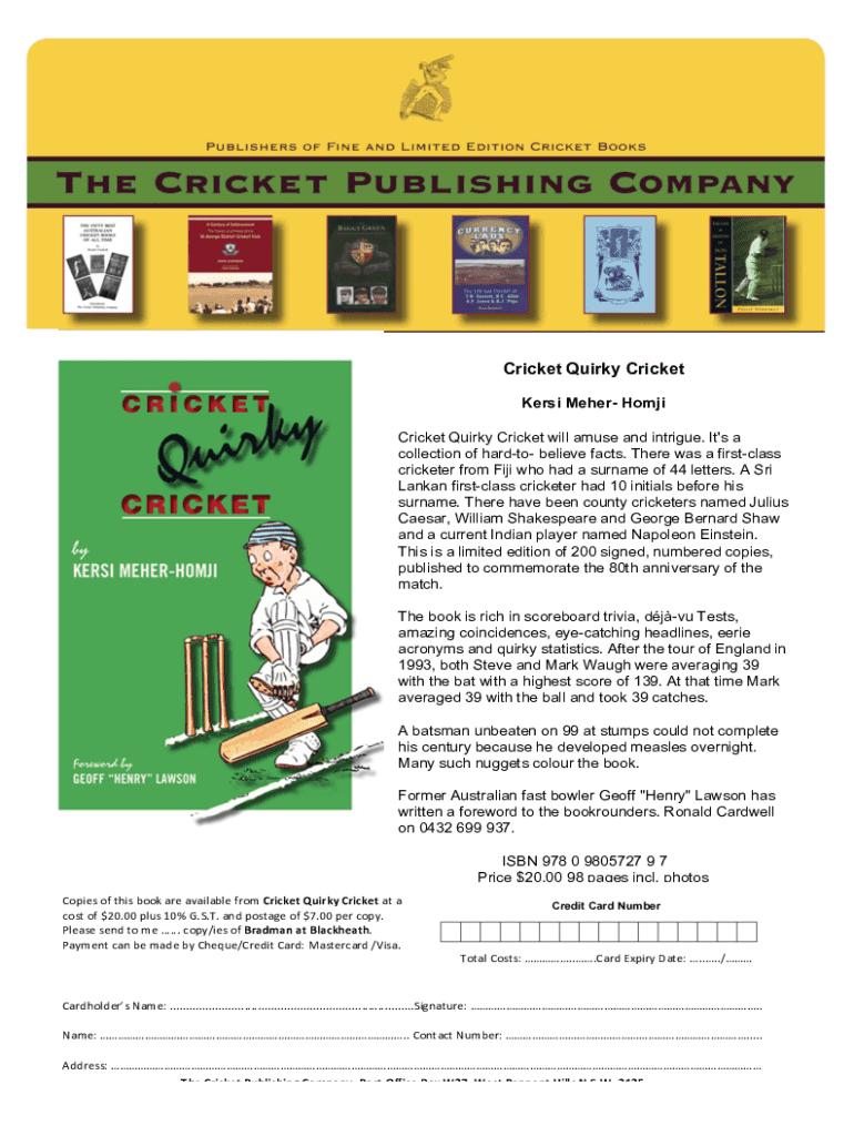 Fillable Online Cricket Quirky Cricket Order Form - Cricket Publish Fax ...