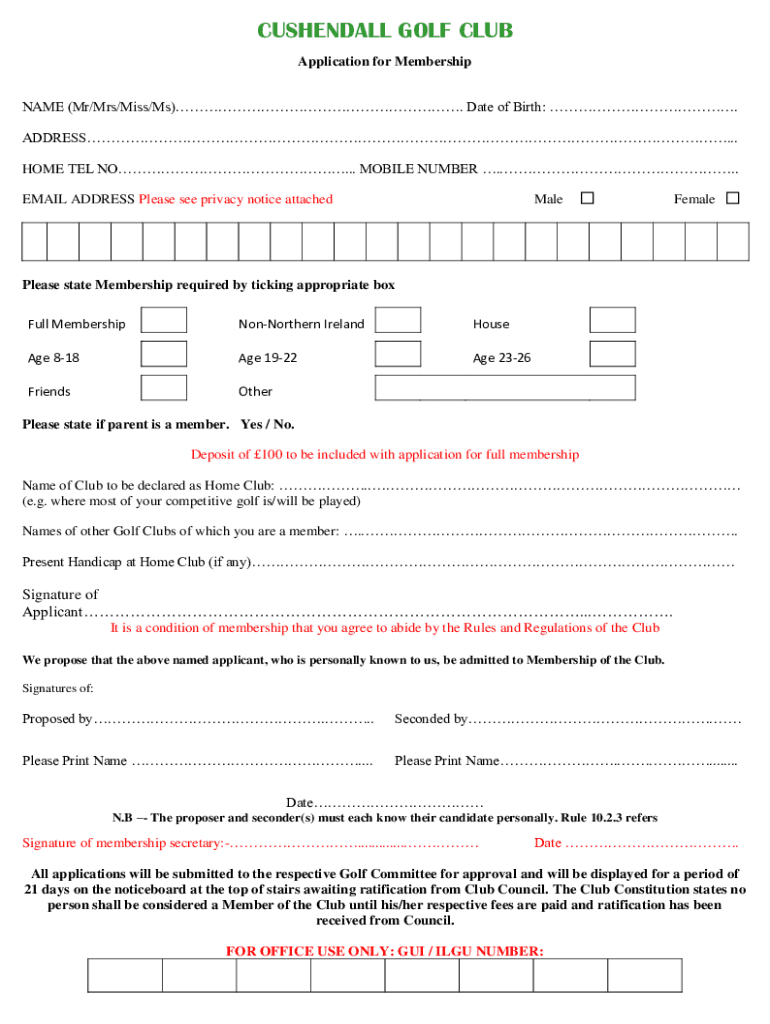 Fillable Online Print Membership Application form - Cushendall Golf ...