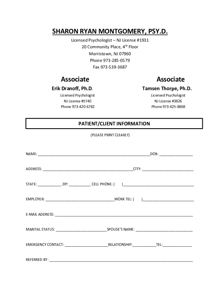 Fillable Online Dr. Sharon Ryan Montgomery, Psychologist - Clinical in ...