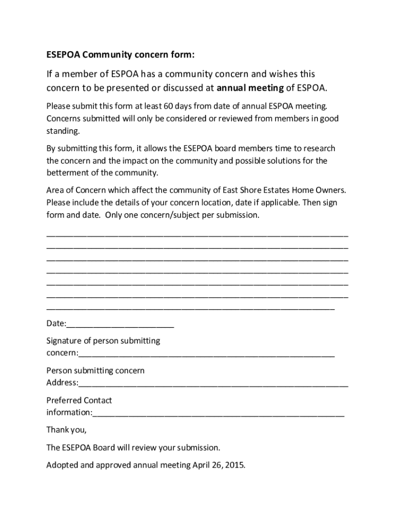 Fillable Online If a member of ESPOA has a community concern and wishes ...