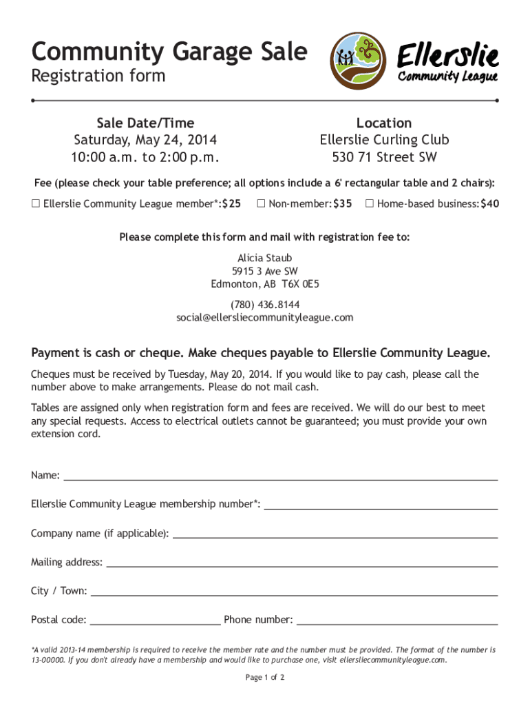 Fillable Online Community Garage Sale - Ellerslie Community League Fax ...