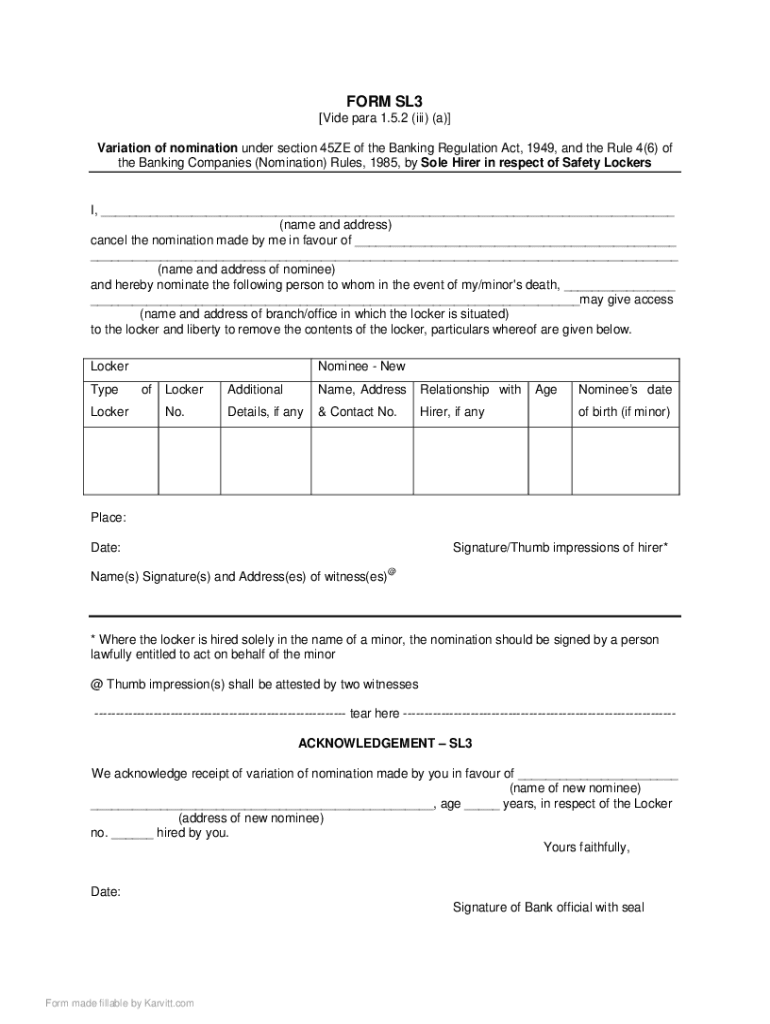 Fillable Online FORM SL3 - Variation of Nomination Sole Hirer Fax Email ...