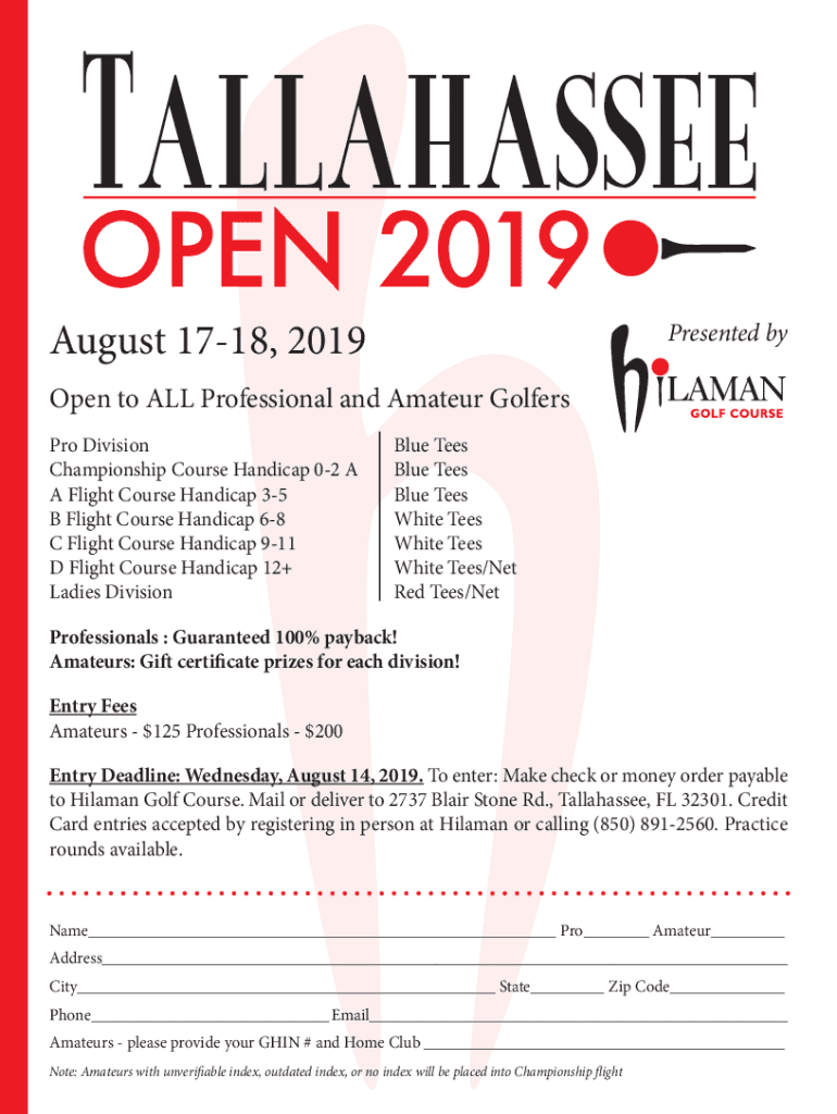 Fillable Online Hilaman Golf Course Tallahassee Open / Round 1 Time ...